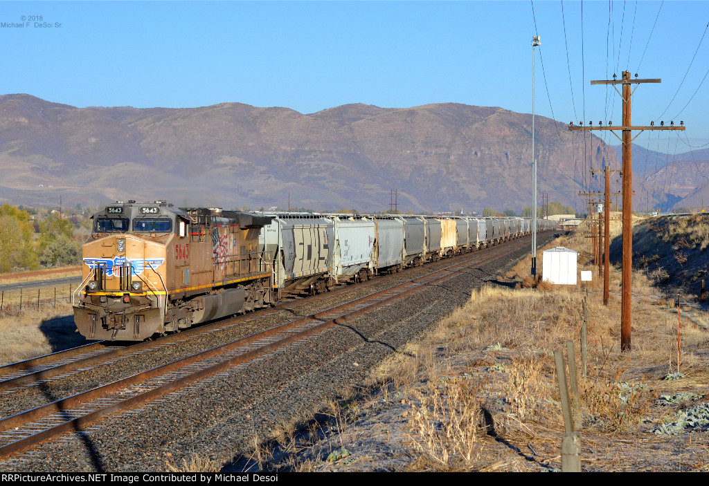 UP #5643 (AC-4400CW) iv the DPU on a westbound hopper train just west of Echo, UT. October 13 ...